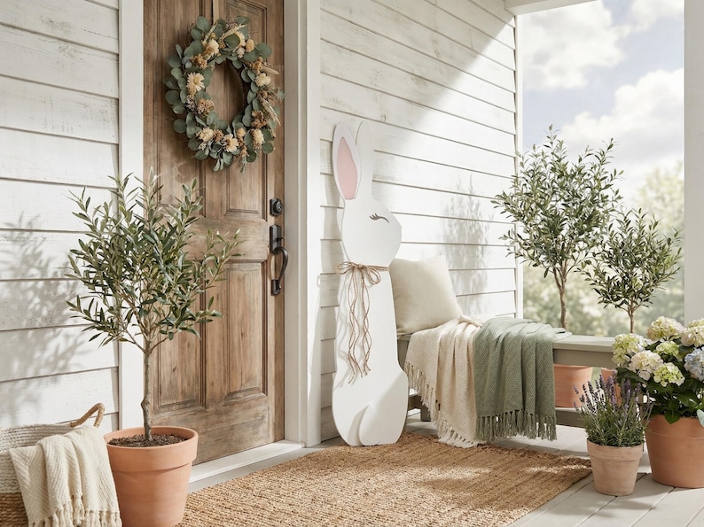 3D Detailed Large Wooden Porch Leaner Sitting White Rabbit With a Jute ...