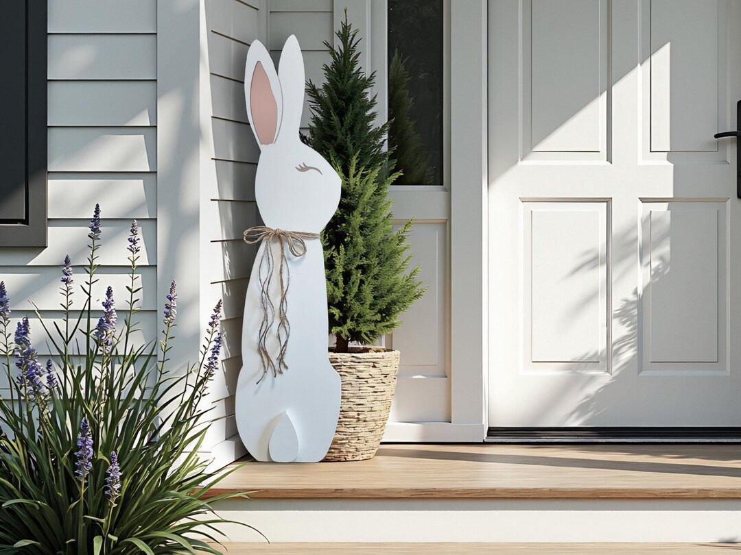 3D Detailed Large Wooden Porch Leaner Sitting White Rabbit With a Jute ...