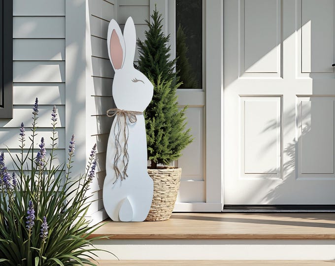 3D Detailed Large Wooden Porch Leaner Sitting White Rabbit With a Jute ...