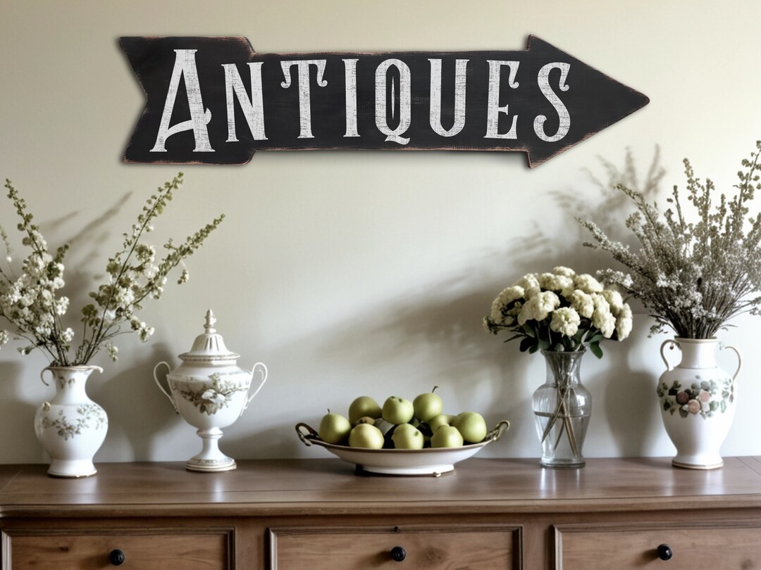 Large Wooden Arrow Shaped Antiques Sign. Rustic Solid Wood Sign With ...