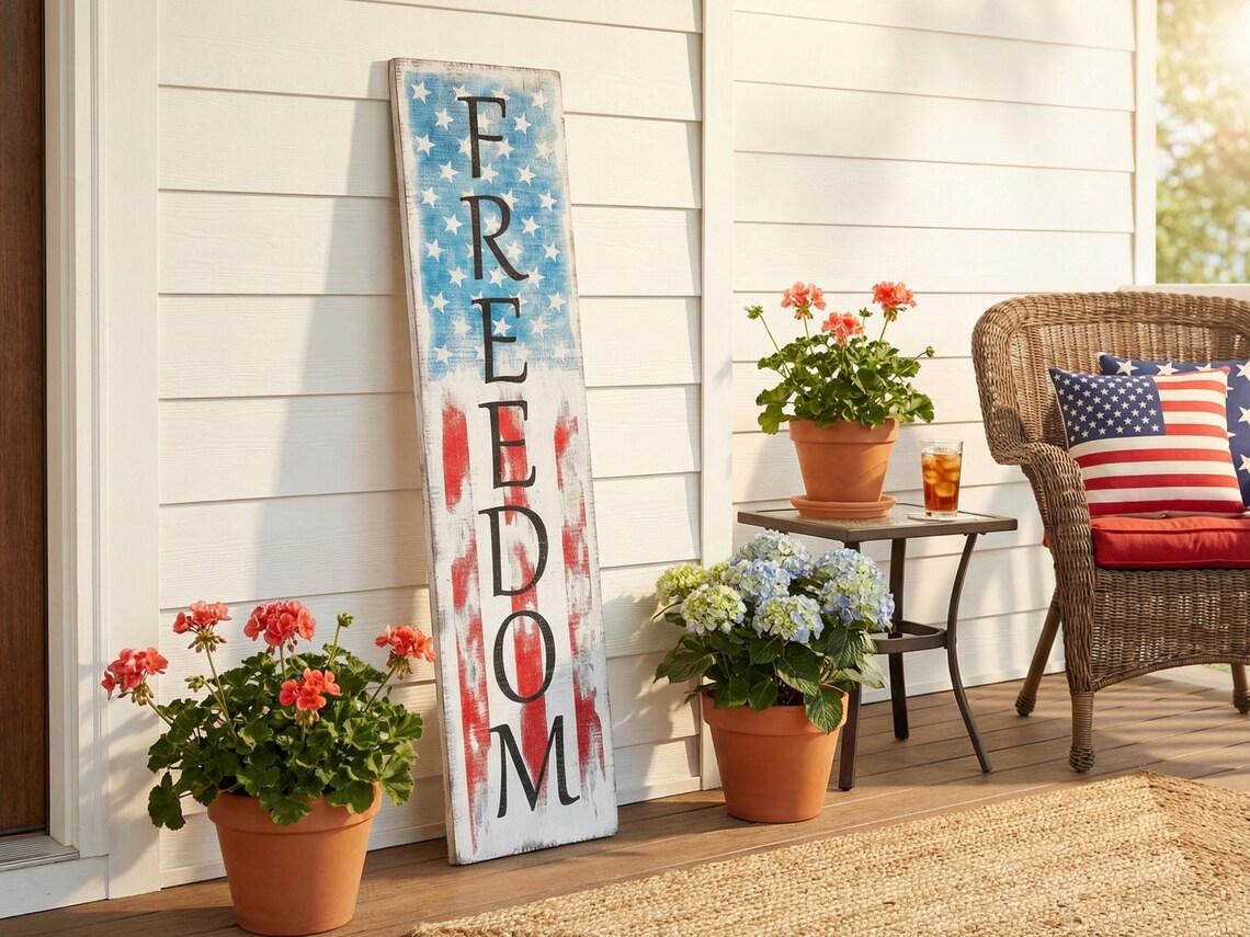 Freedom Red White & Blue American Flag. Large Antique Style Porch ...
