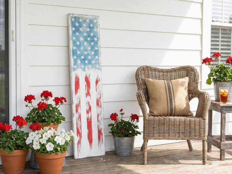 Red White & Blue Large Antique Style American Flag Solid Wood Porch ...