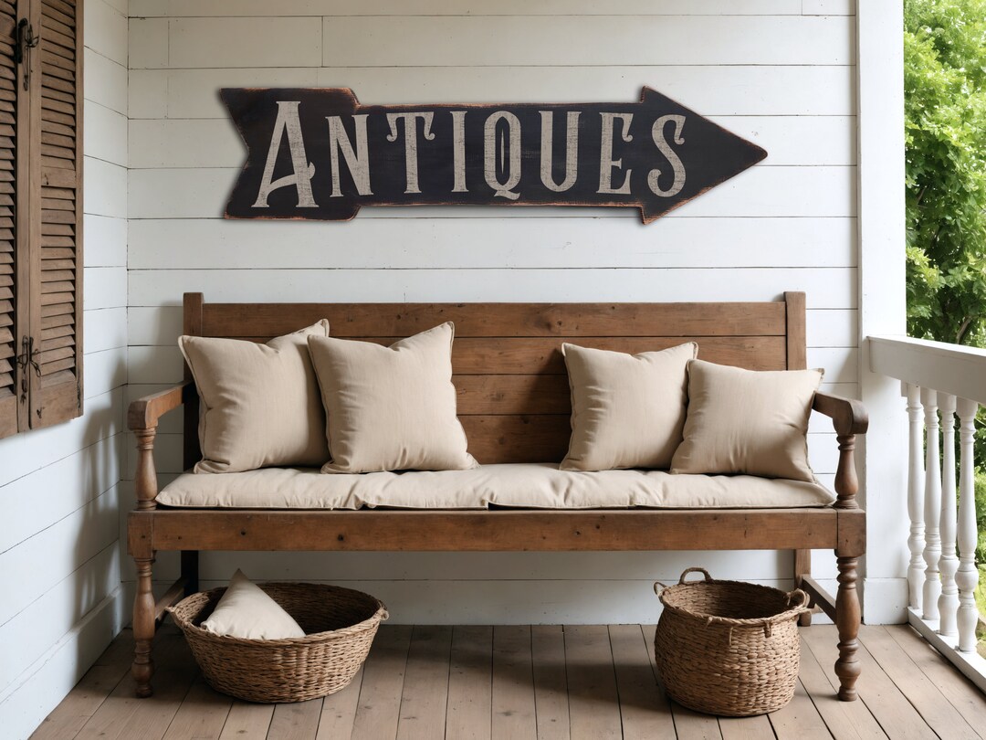 Large Wooden Arrow Shaped Antiques Sign. Rustic Solid Wood Sign With ...