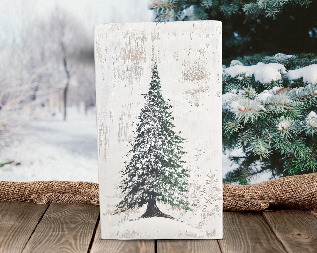 Freestanding Original Rustic Painting! Snowy Evergreen Tree on a Hill ...