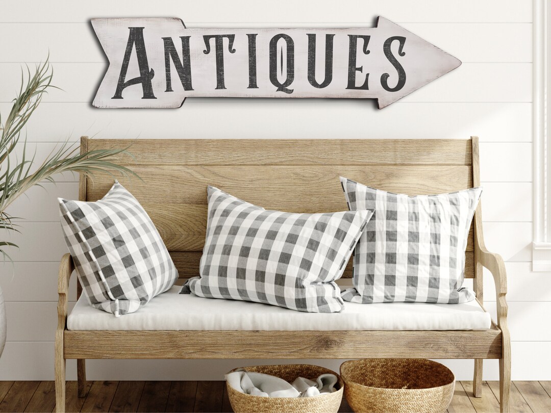Large Wooden Arrow Shaped Antiques Sign. Rustic Solid Wood Sign With ...