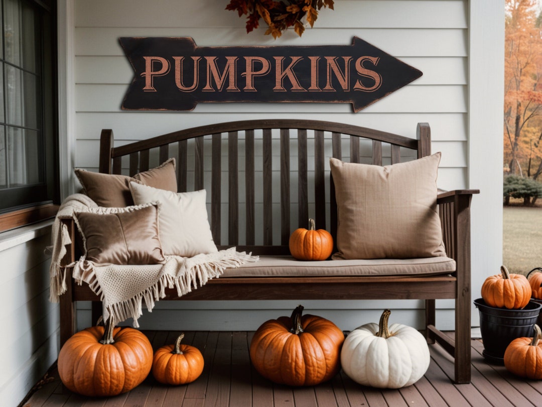 Large Wooden Arrow Shaped Pumpkins Sign. Antique Style Indoor and ...