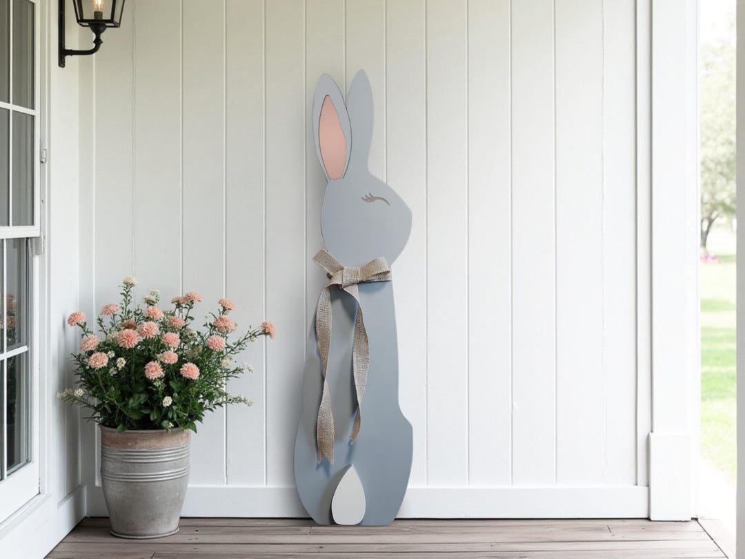 3D Detailed Large Wooden Porch Leaner Sitting Gray Bunny Rabbit With a ...