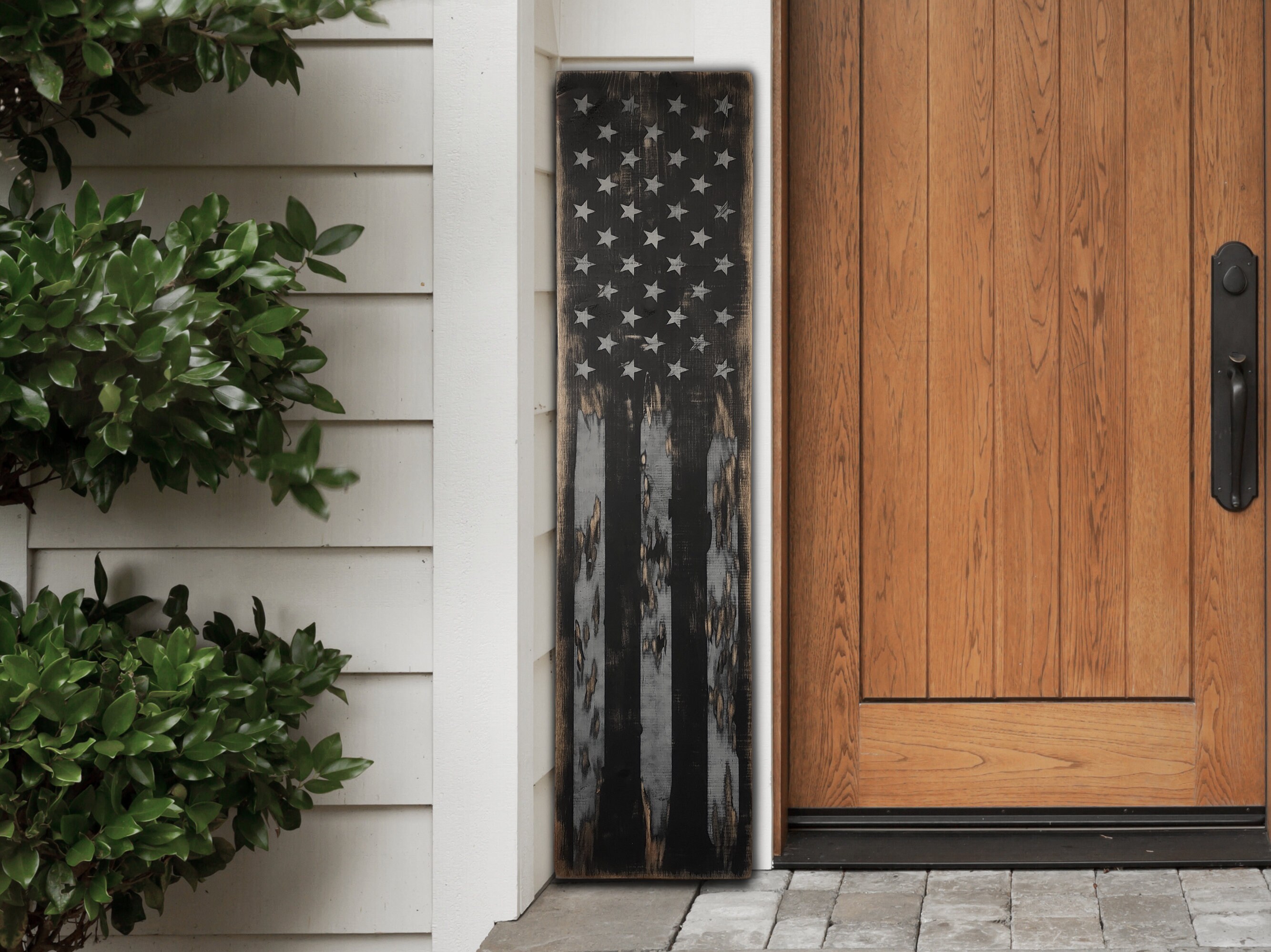 Gray & Black Subdued American Flag Solid Wood Porch Leaner Sign ...