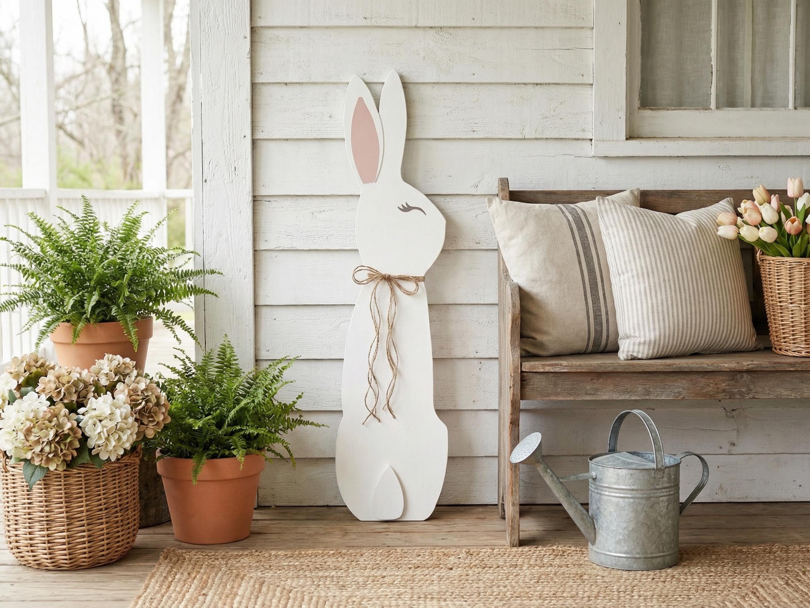 3D Detailed Large Wooden Porch Leaner Sitting White Rabbit With a Jute ...