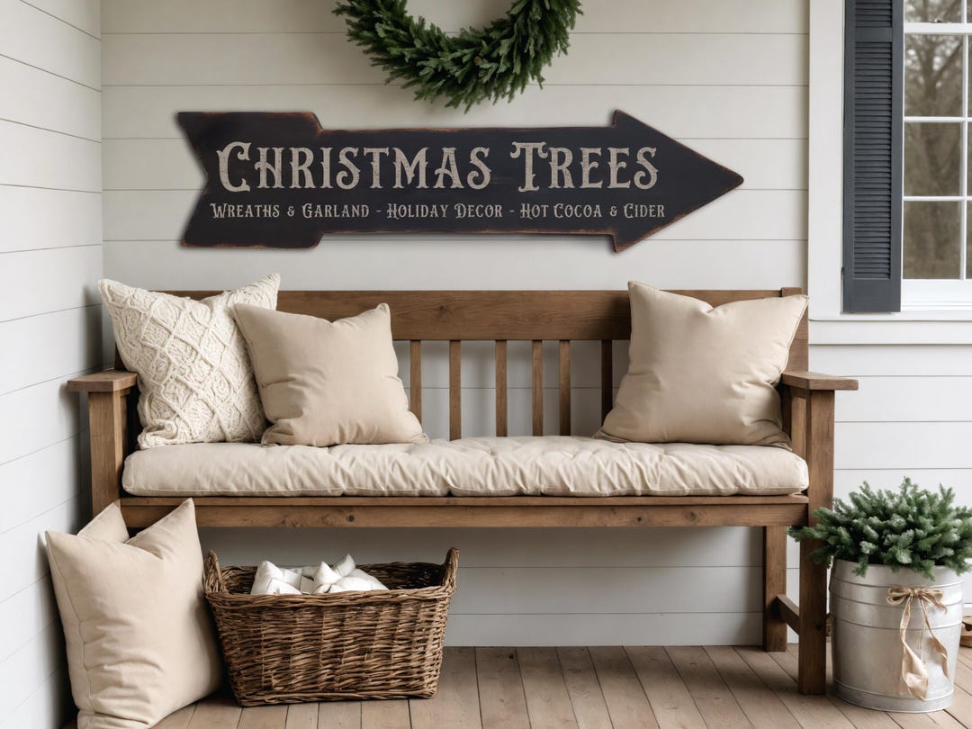 Rustic Antique Style Christmas Trees Arrow Shaped Wood Sign. Wreaths ...