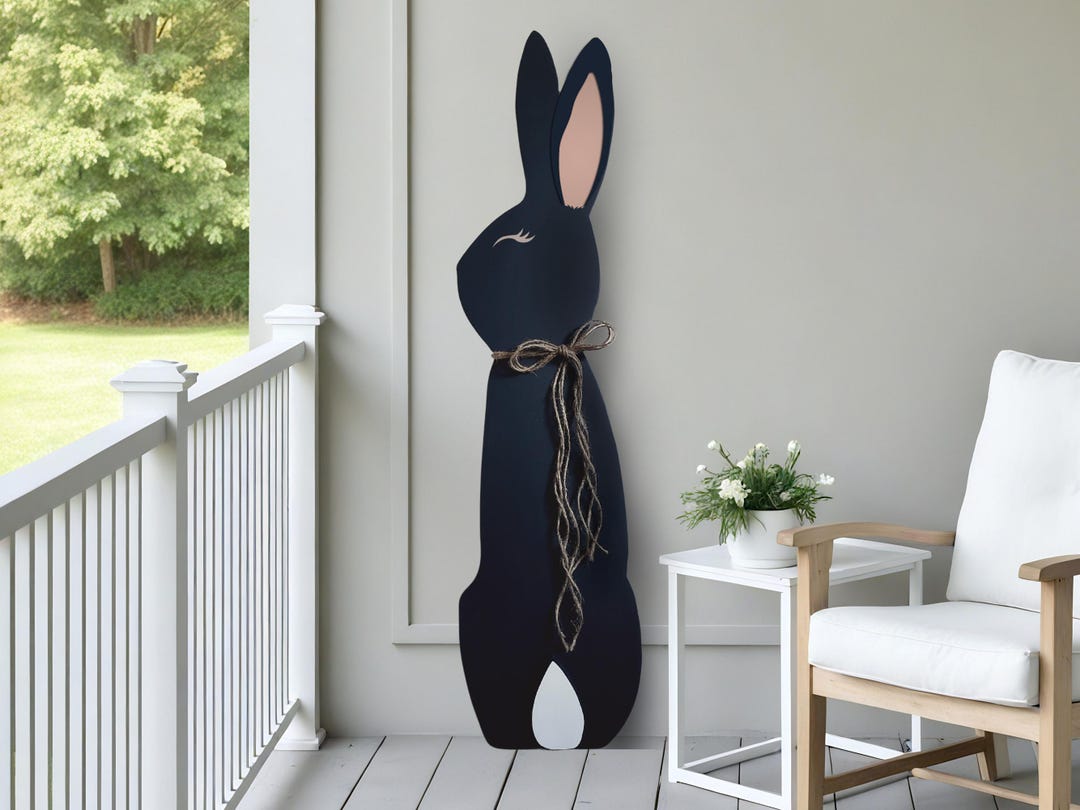 3D Detailed Large Wooden Porch Leaner Sitting Black Bunny Rabbit With a ...