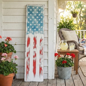 Red White & Blue Large Antique Style American Flag Solid Wood Porch ...