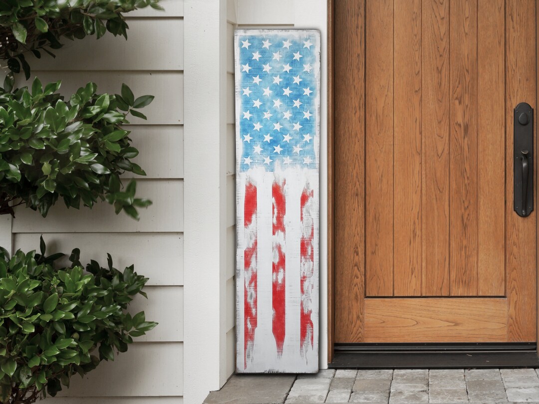 Red White & Blue Large Antique Style American Flag Solid Wood Porch ...