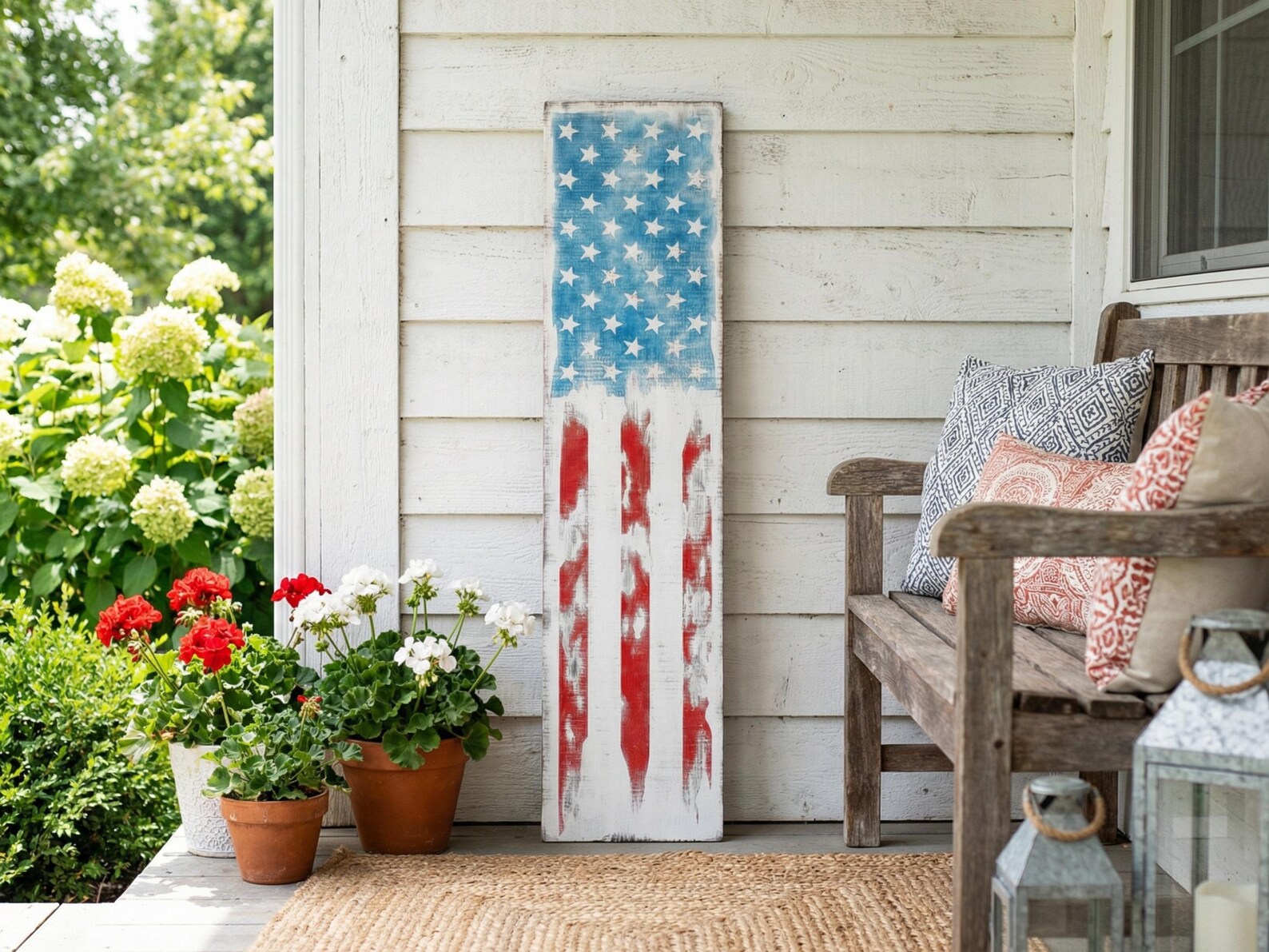 Red White & Blue Large Antique Style American Flag Solid Wood Porch ...