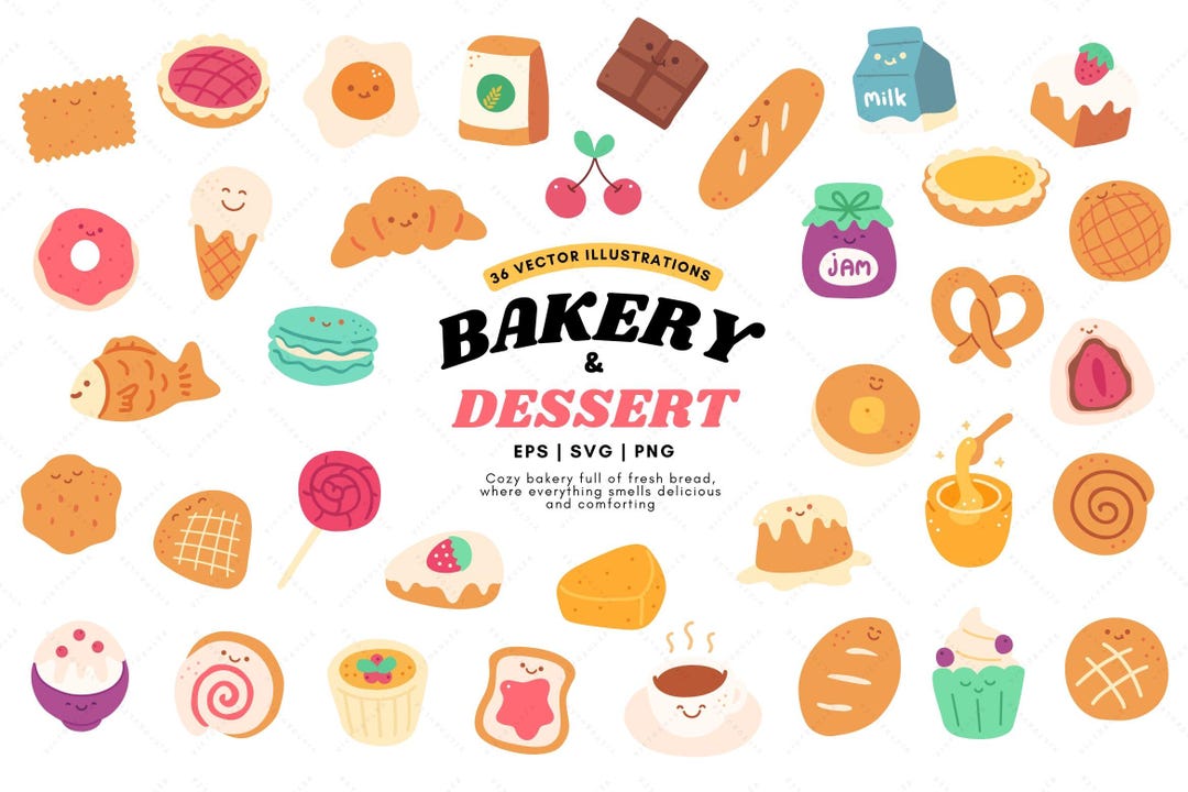 Bakery and Dessert SVG, Kawaii Bakery, Cute Vibrant Color Kawaii Style ...