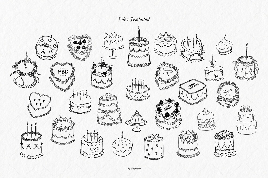 Hand Drawn Birthday Cakes Illustration, Vintage Cakes SVG, Cakes Doodle ...