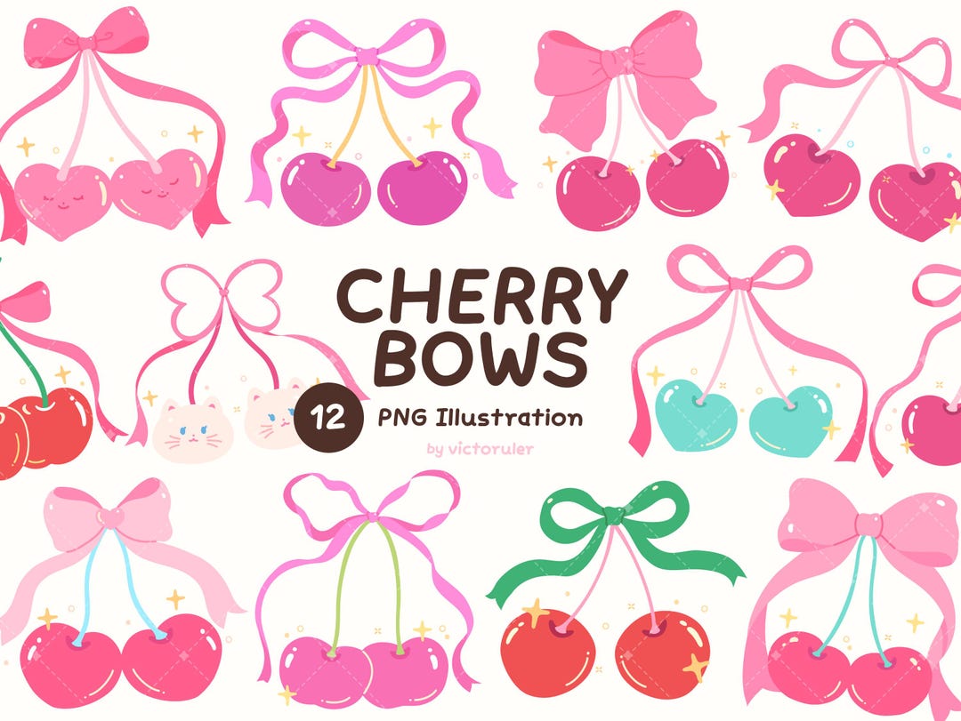 Coquette Cherry Clipart, Pink Cherry Bow, Valentine PNG, Girly Preppy ...