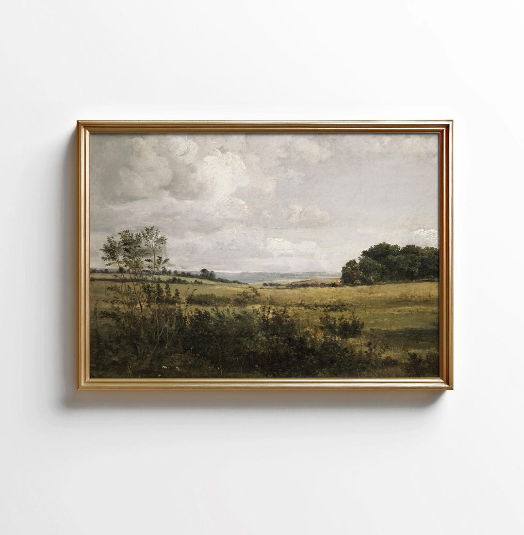 Vintage Countryside Landscape Painting | Rustic Green Field Wall Art ...