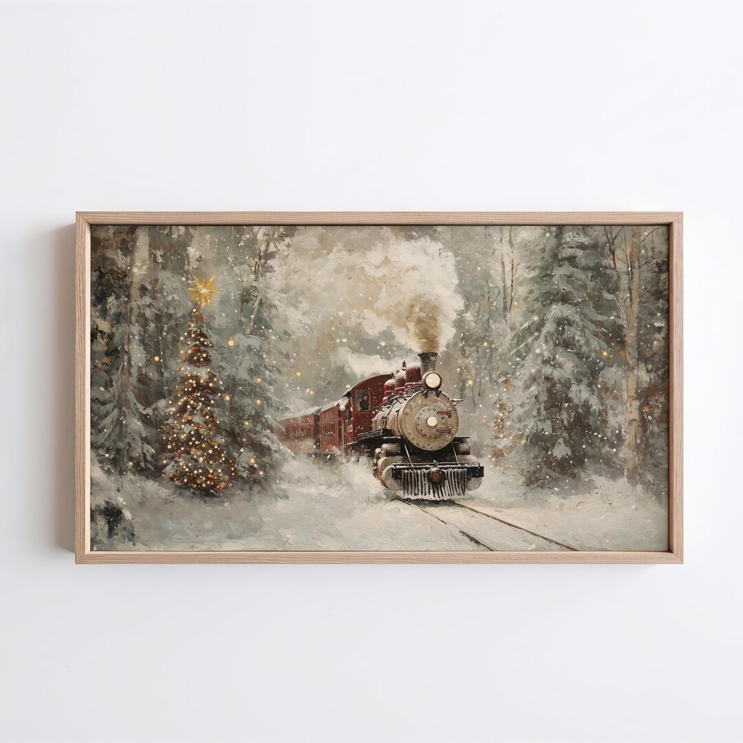 Samsung Frame TV Art | Vintage Christmas Train Snowy Landscape Painting ...