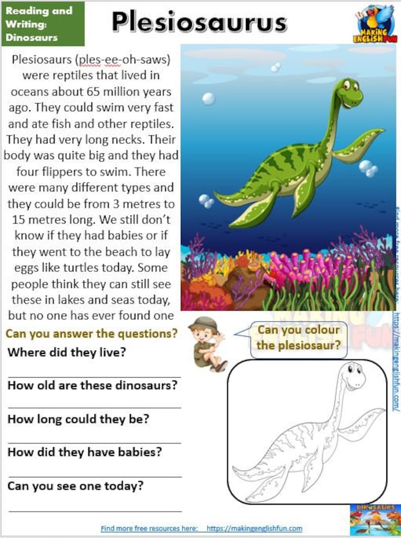 12 Dinosaur Reading Comprehension Worksheets and Cards - Etsy