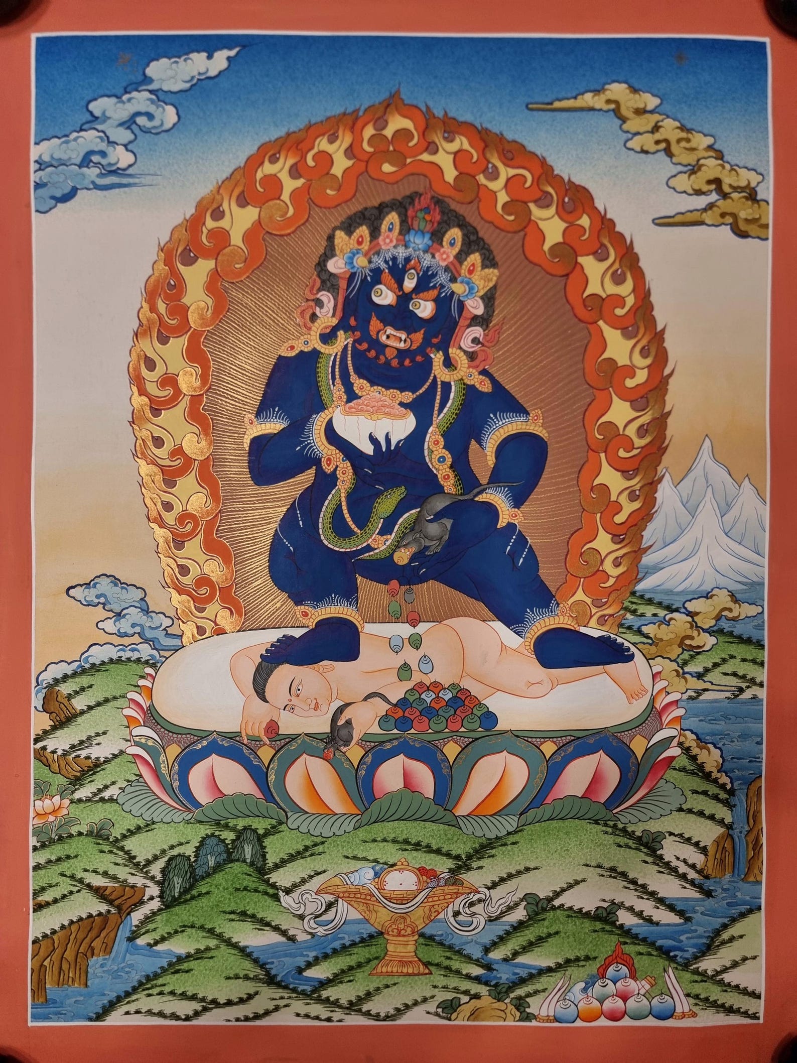 Silk Brocade Mounted Black Dzambala Thangka, Bodhisattva of Wealth ...
