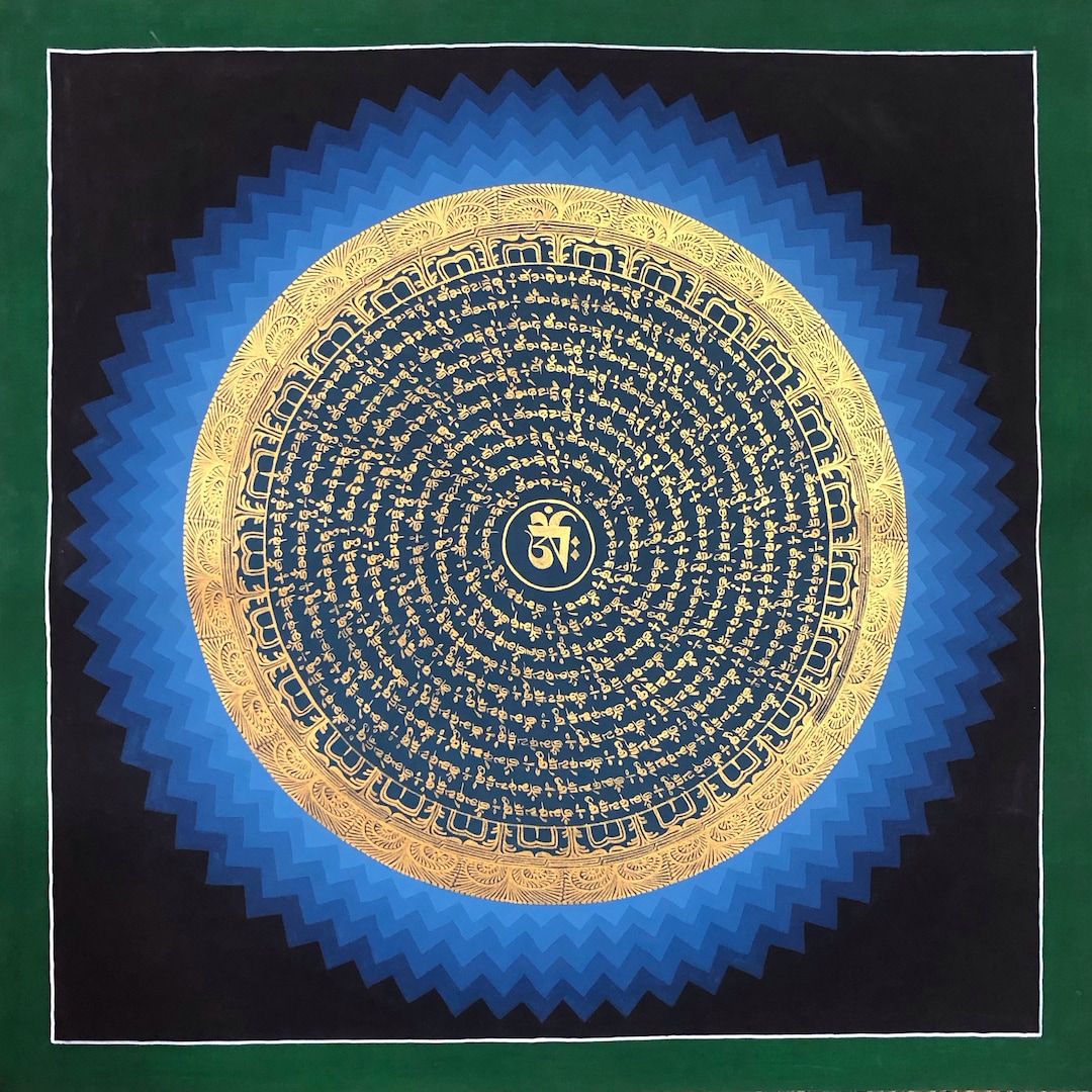 Blue Rainbow Mantra Mandala Thangka Painting, Om Mani Padme Hum Mandala ...