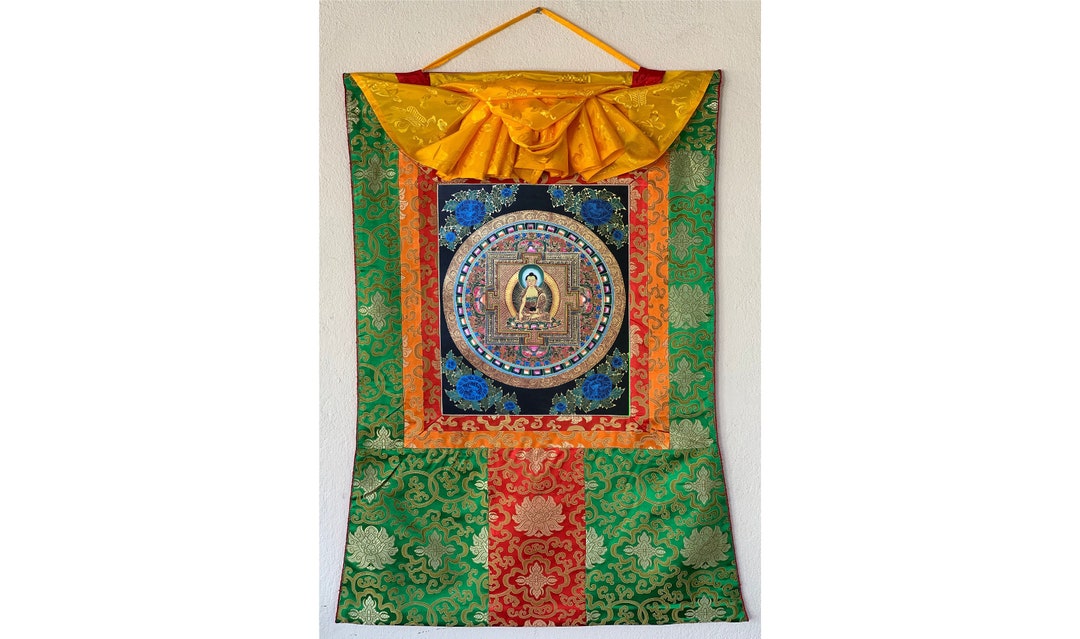 Silk Brocade Mounted Shakyamuni Buddha Thangka, Genuine Hand Painted ...