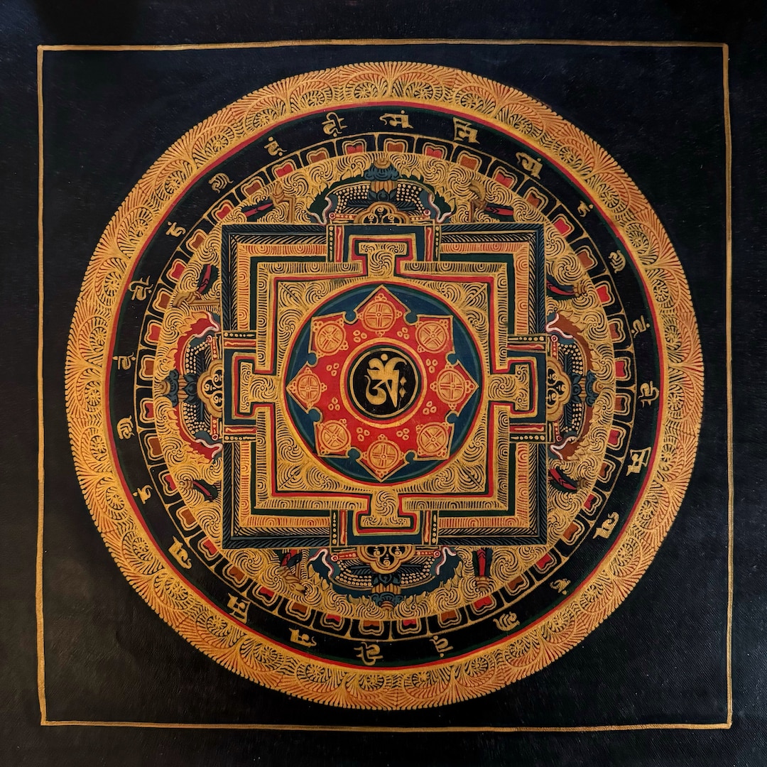 Vintage Om Round Mandala Thangka, Handmade Sacred Thangka Painting for ...