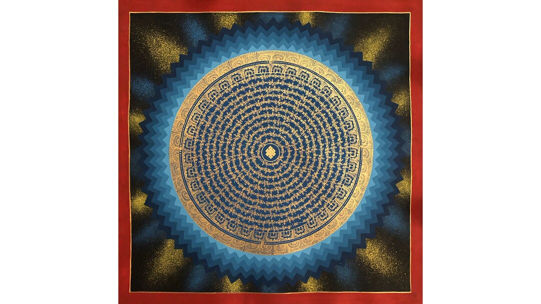 Blue Lotus Infinite Knot Mantra Mandala Thangka Painting, Om Mani Padme ...