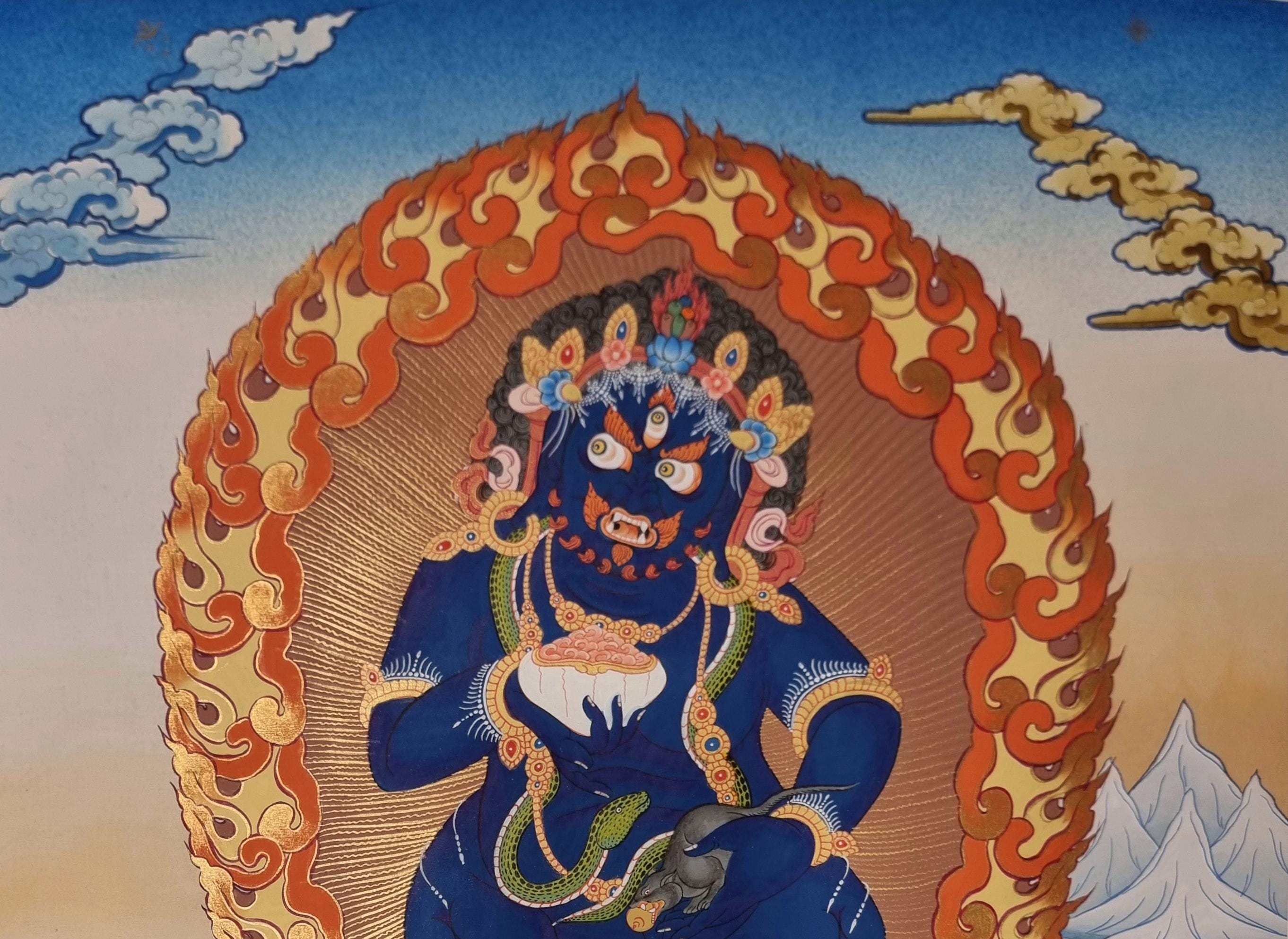 Silk Brocade Mounted Black Dzambala Thangka, Bodhisattva of Wealth ...