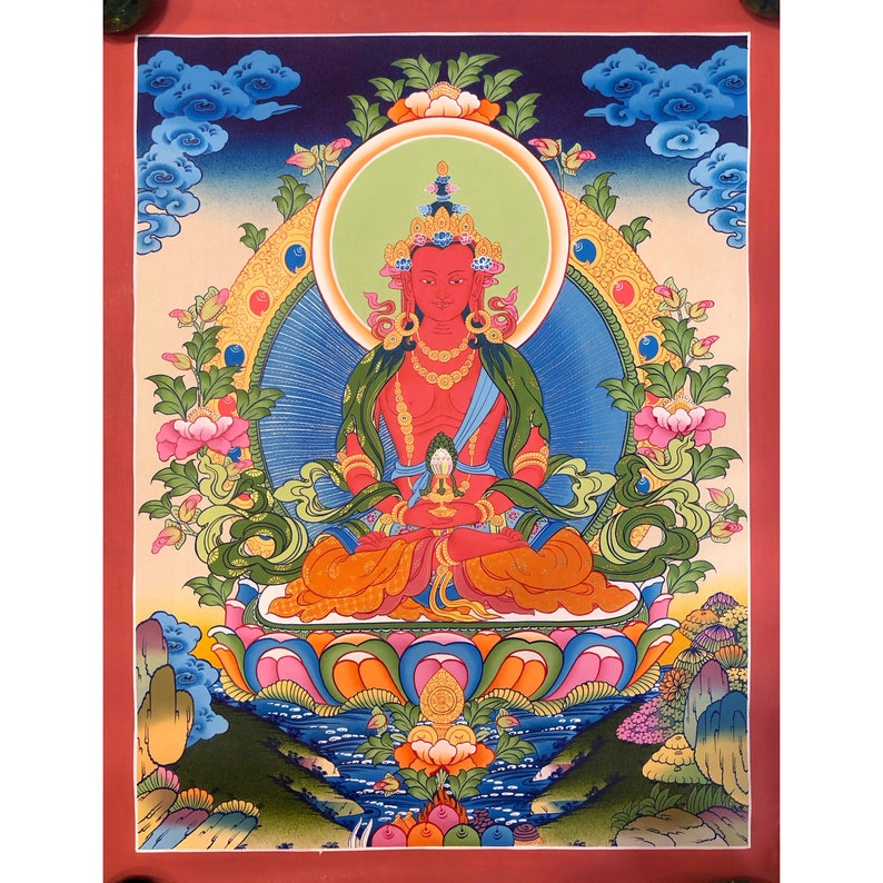 24k Gold Amitayus Buddha Thangka, Rare Genuine Hand Painted Tibetan ...