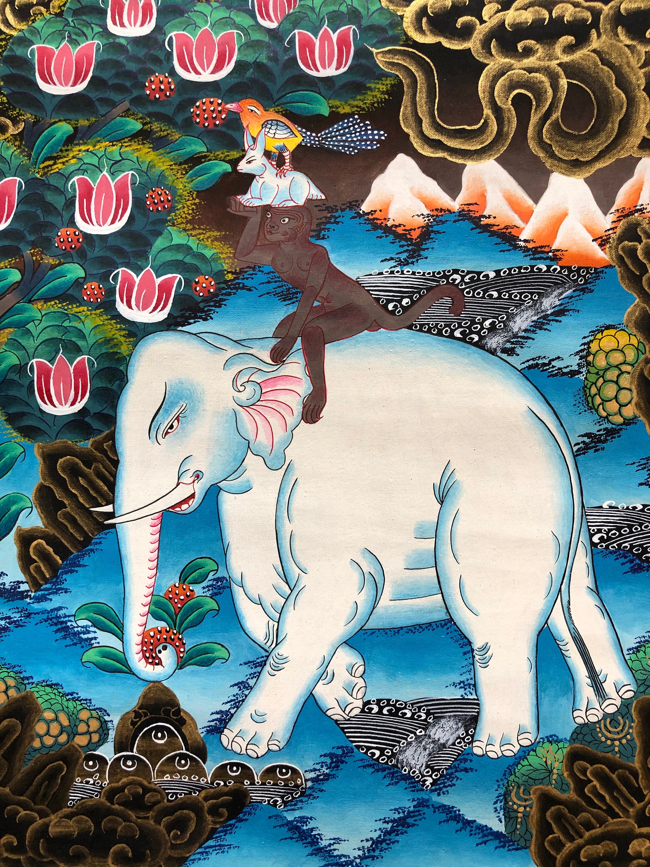 Four Best Friends Thangka, Four Harmonious Animals (friends) - Handmade ...