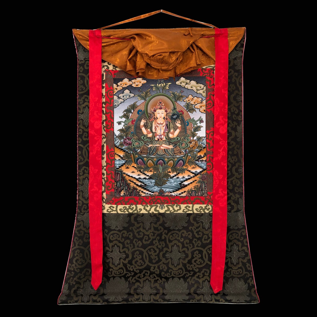 Silk Brocade Mounted Chenrezig Thangka, Genuine Hand Painted Tibetan ...
