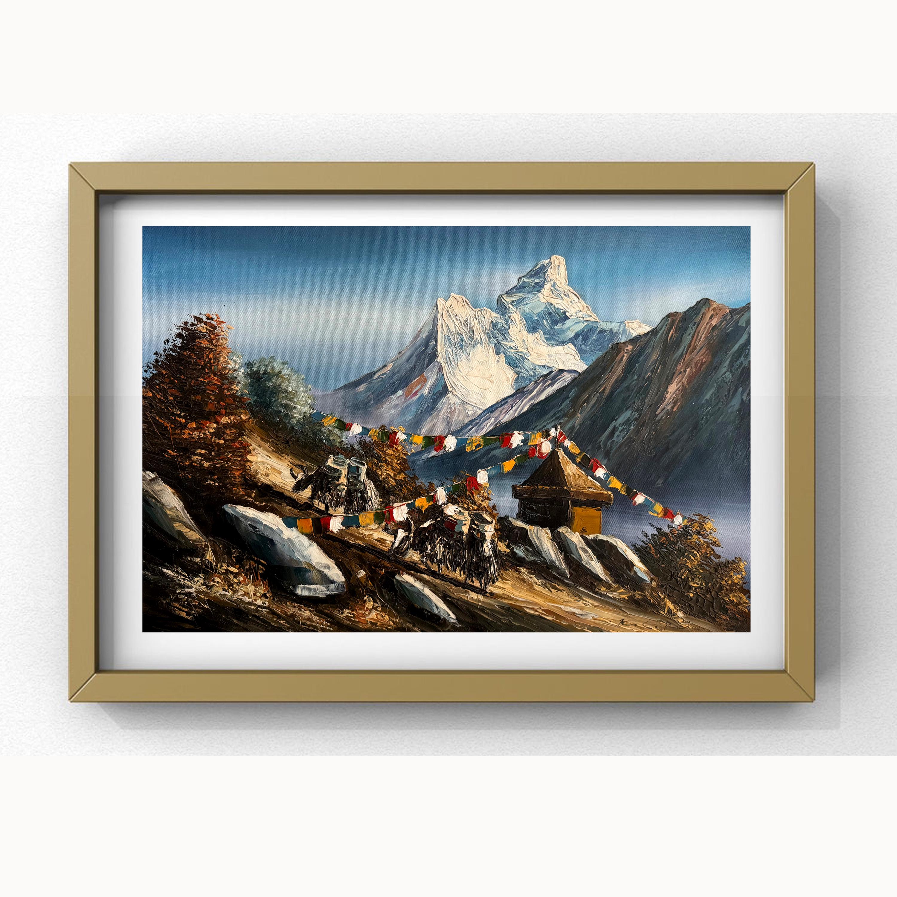 Mount Ama Dablam Acrylic Painting – Himalayan Landscape With Prayer ...