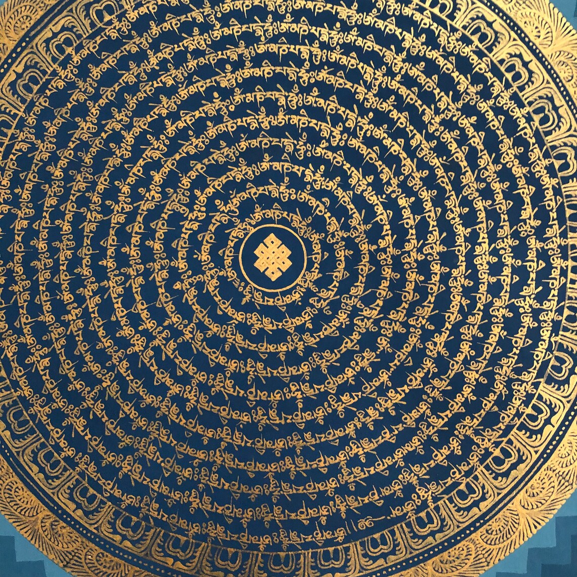Blue Lotus Infinite Knot Mantra Mandala Thangka Painting, Om Mani Padme ...