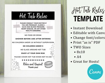 Hot Tub Rules Sign Printable and Editable Sign for Airbnb, VRBO, Rental ...