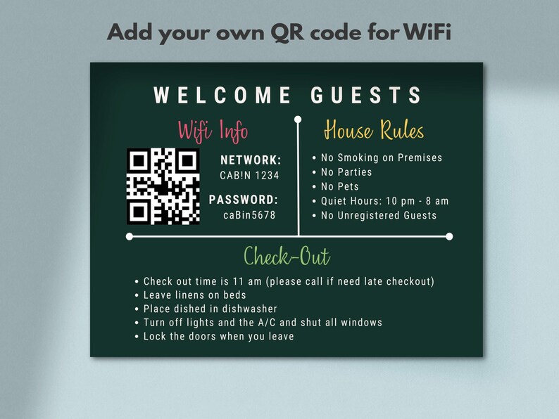 Wifi Sign Template | Air Bnb Welcome Sign With QR Code | Canva Template ...