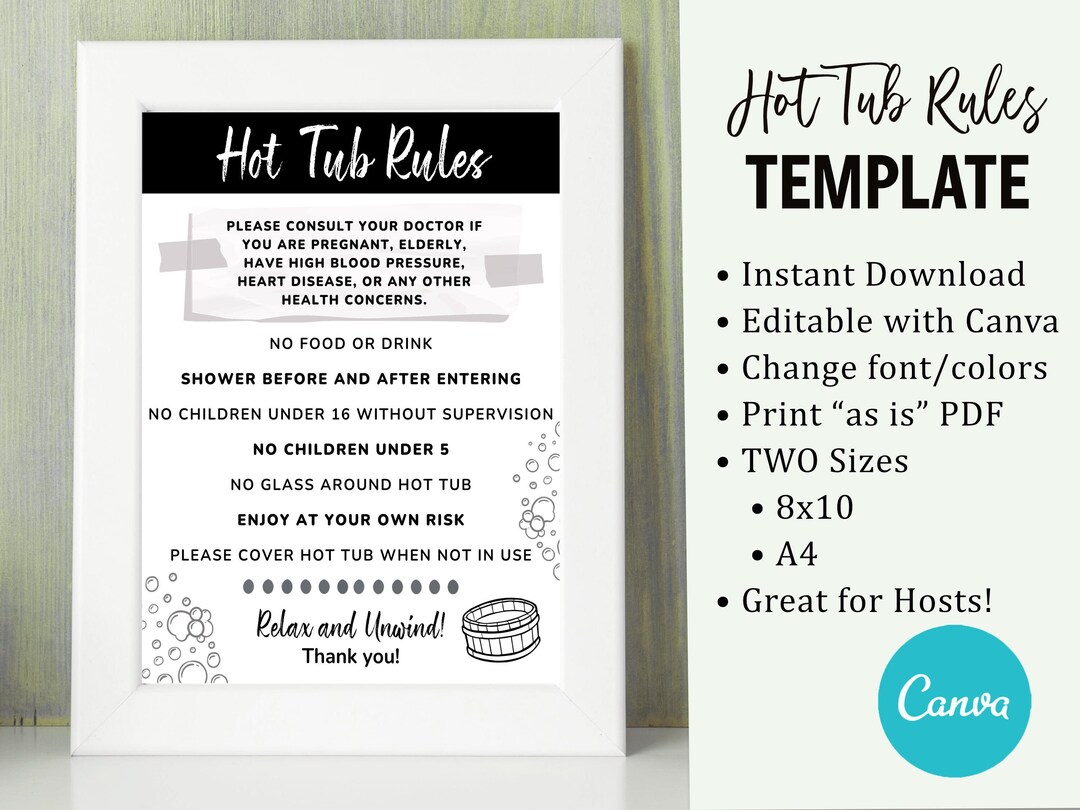 Airbnb Signs, Hot Tub Sign, VRBO Hot Tub Rules Canva Template Instant ...