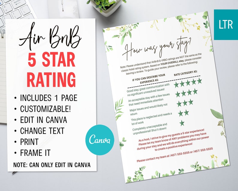 Leafy Airbnb Star Rating Sign: Editable Canva Template (LTR) - Etsy