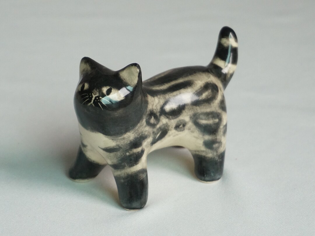 Ceramic Cat Figurine Standing Black Tabby Funny Face Cat Small - Etsy