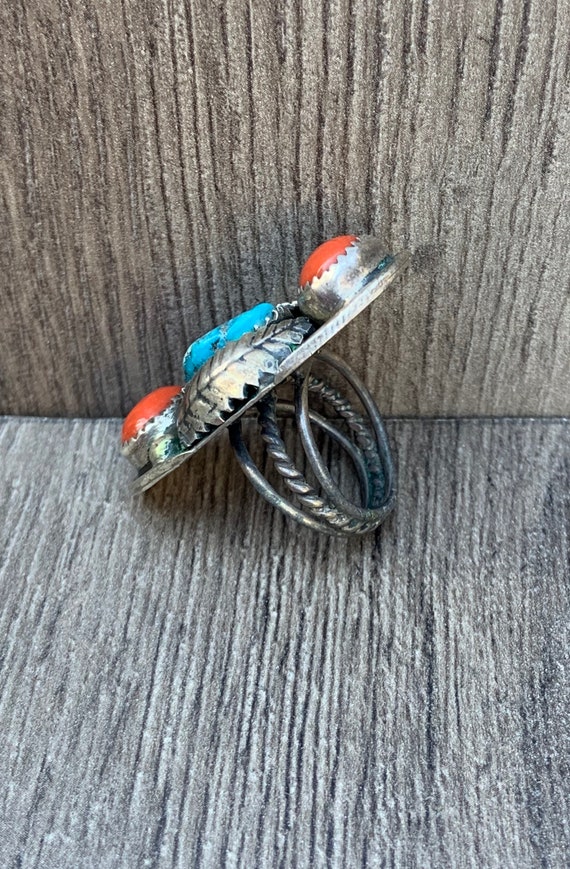 Coral And Turquoise Native American Silver Ring - Gem