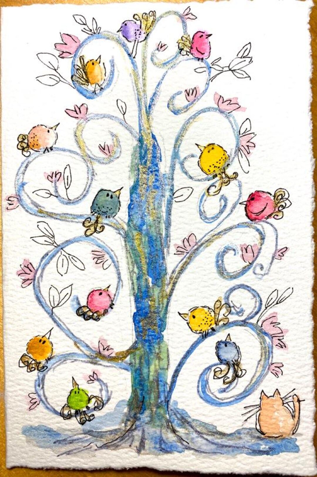 Tree of Life Bird Watercolor Card, NOT A PRINT, Deckle Edge Hand ...