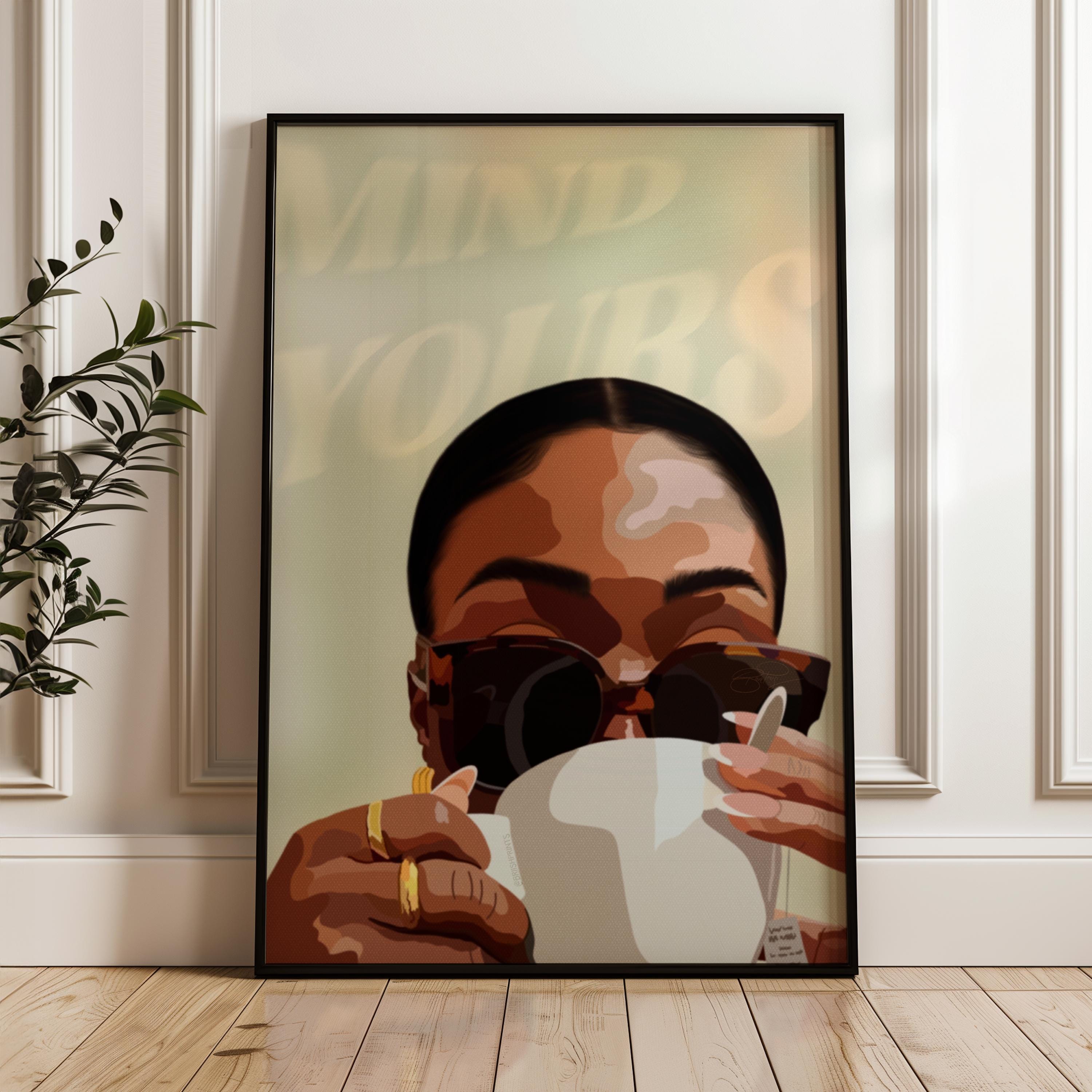 Stylish Black Woman Drinking Tea Digital Art | Relaxing & Chic Wall ...