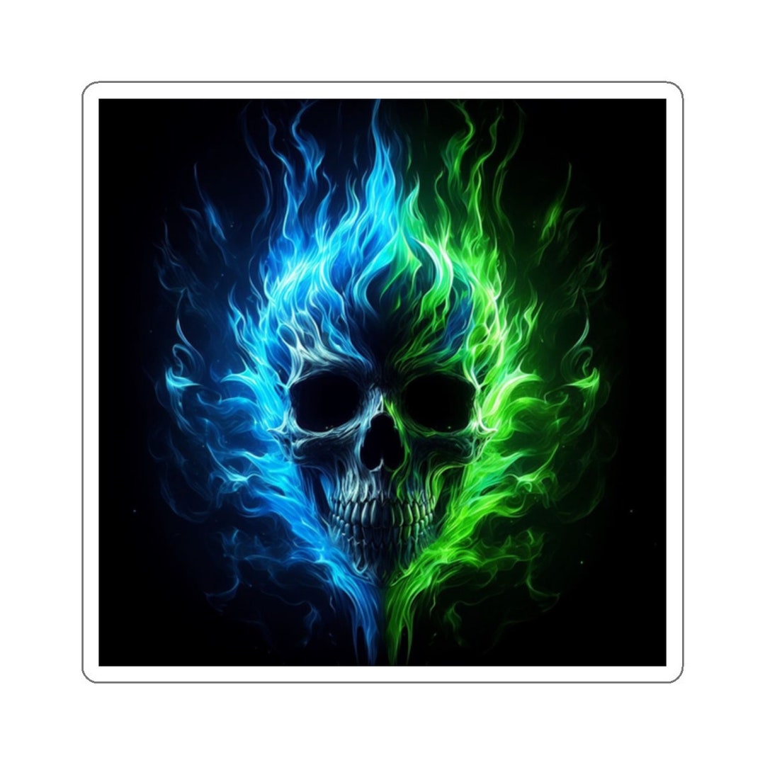 Blue & Green Fire Skull Kiss-cut Sticker Gift Present Birthday ...