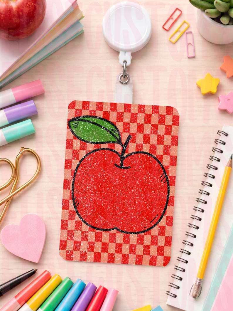 Teacher Apple Badge Insert, Gingham Apple Personalized ID (digital ...