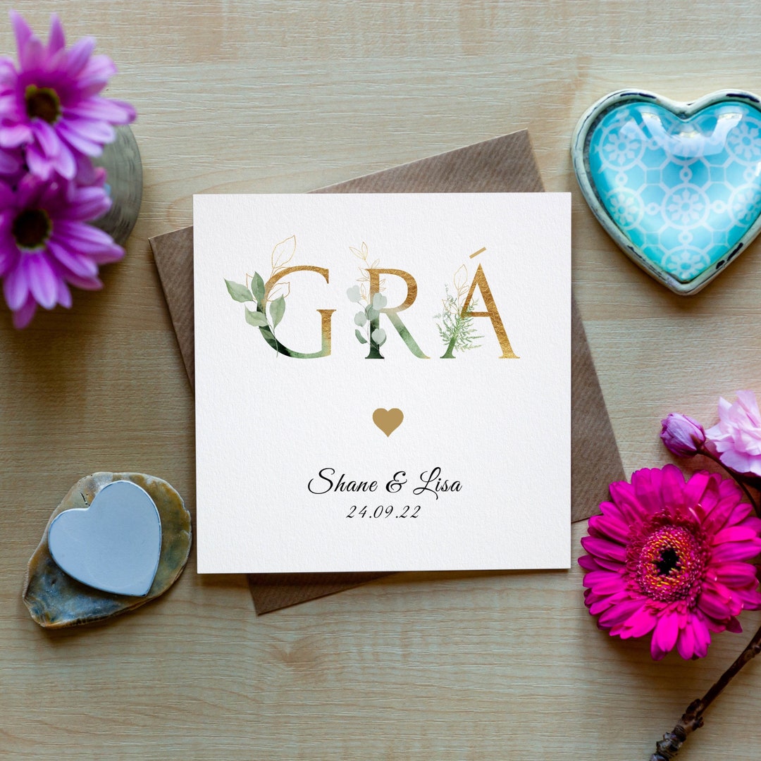 Personalised Gold Floral GRÁ (love) Irish-language Card, Gaeilge Card ...