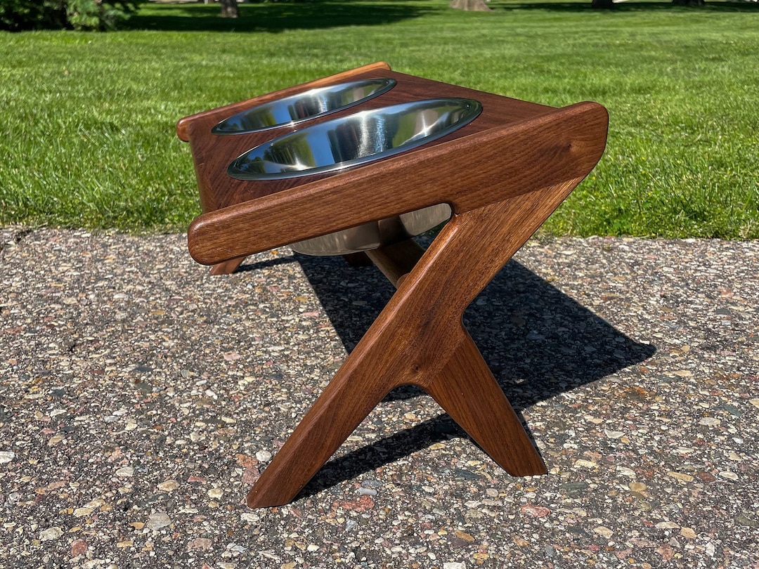 Cherry Sloped Mid Century Modern Elevated Dog Bowl Stand With Food Safe ...