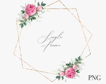 Watercolor Boho Floral Wreath Clipart, Dusty Pink Rose Frame, Gold ...