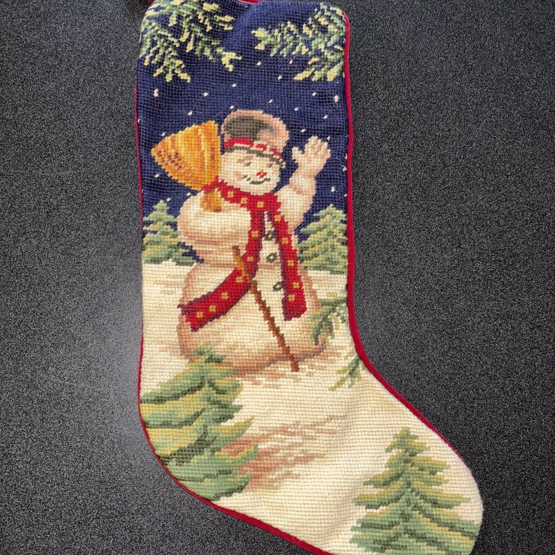 Vintage Needlepoint Christmas Stocking Handmade Waving Snowman Winter ...