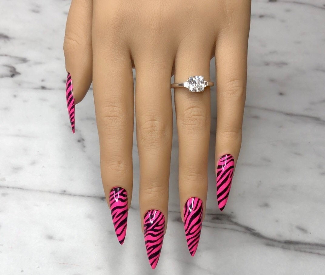 Pink Zebra Print Nails Leopard Print Pattern Stiletto False Nails